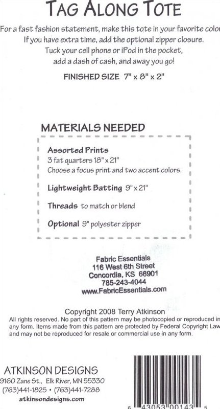 Sewing & Fiber Kits & How To Tag Along Tote by Atkinson Designs etna.com.pe