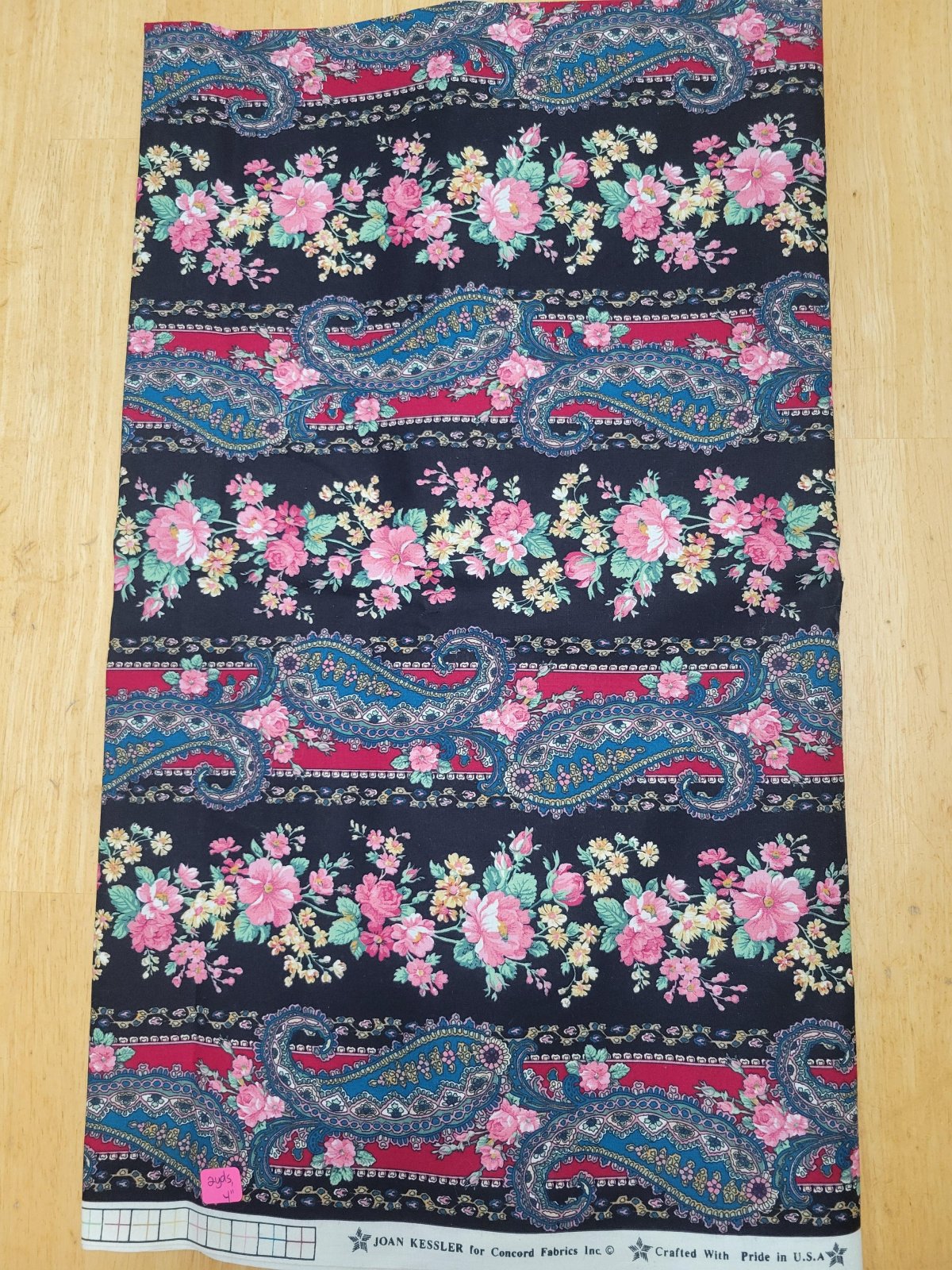 2Yds 4- Vintage Paisley and Floral Stripe on Black Joan Kessler for ...