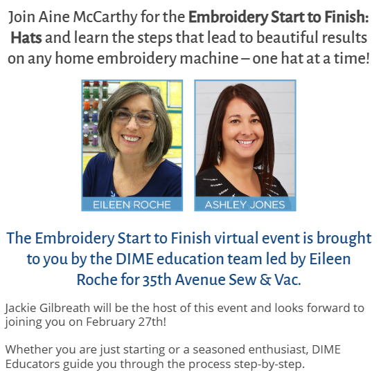 DIME FREE Virtual Embroidery Event - Embroidery Start to Finish - Hats