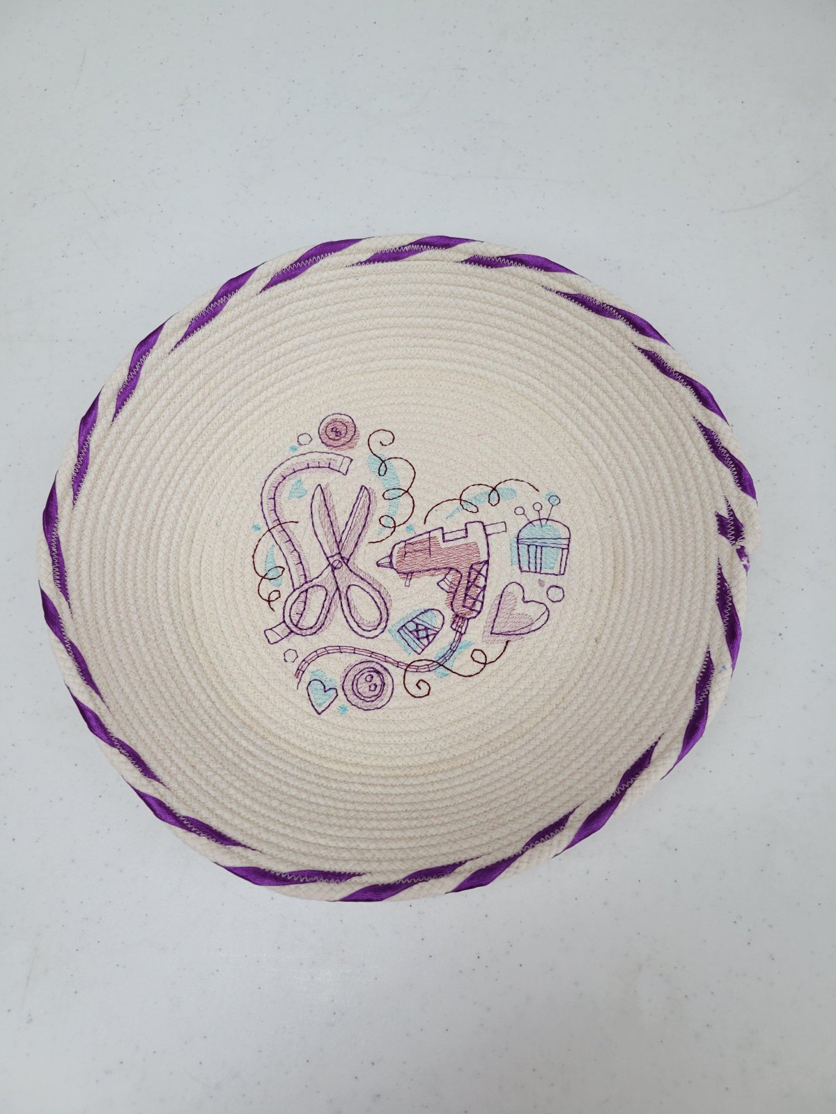 Rope Bowl with Machine Embroidered Design