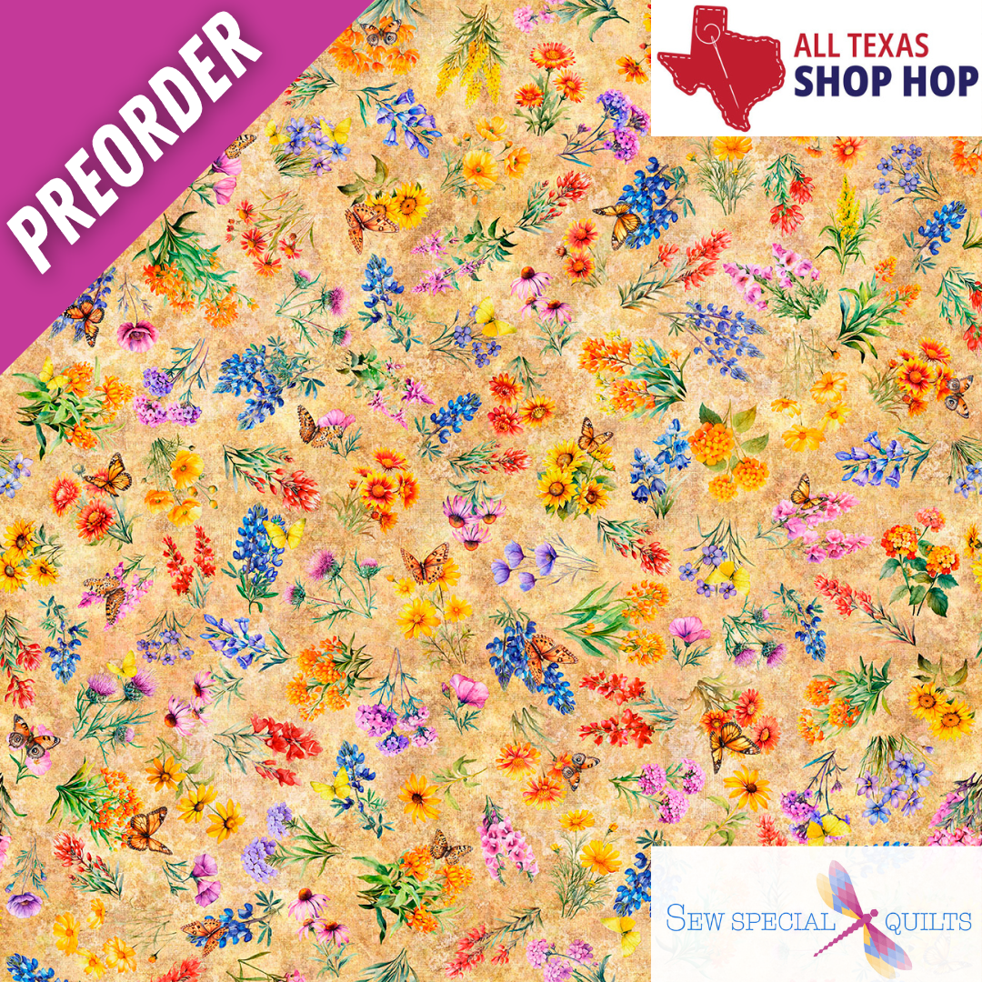 PREORDER 31797-A Tan Texas Wildflowers All Texas Shop Hop 2026 QT Fabrics
