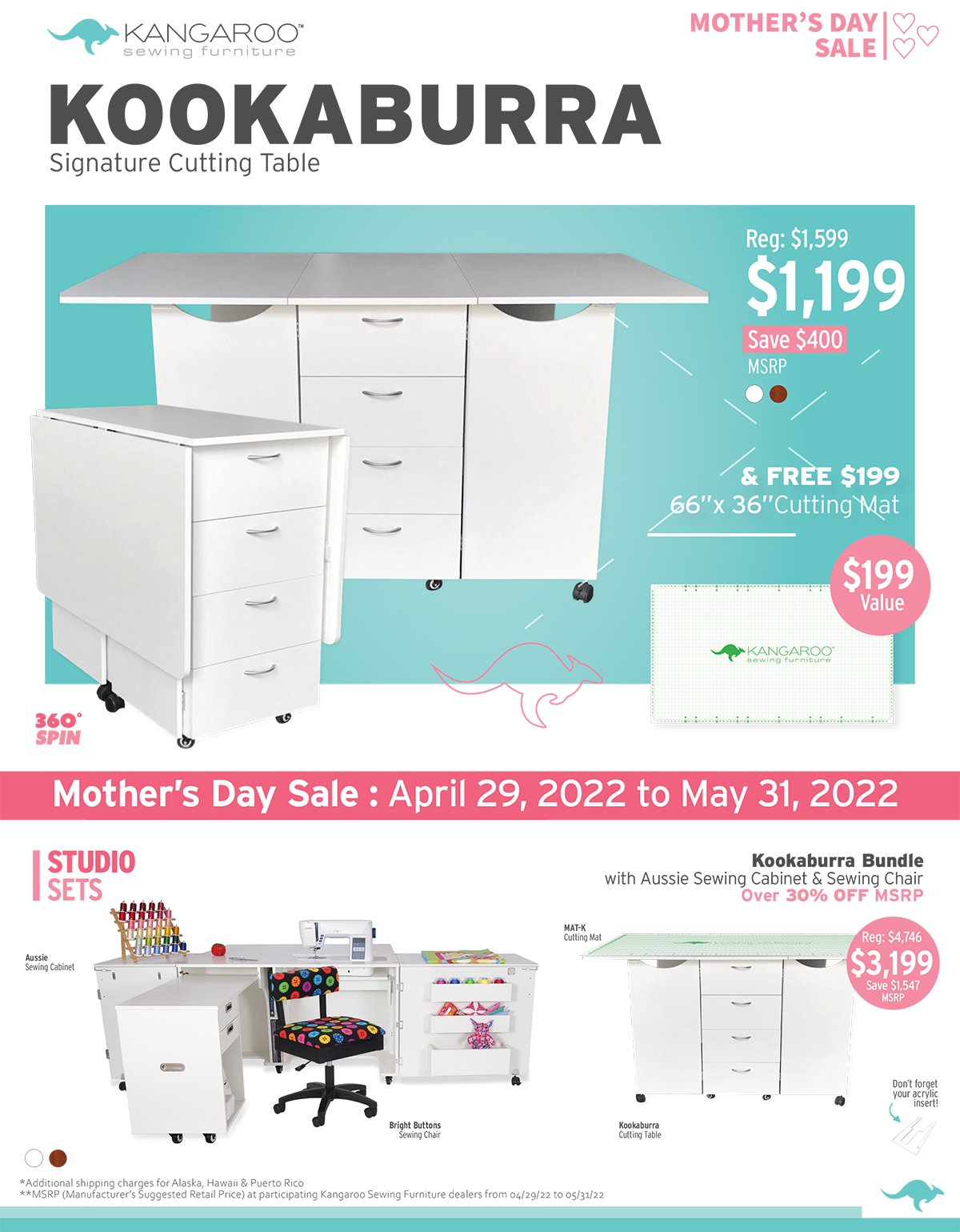 KANGAROO Kookaburra Sewing Cutting Table (Options) - 650873345502