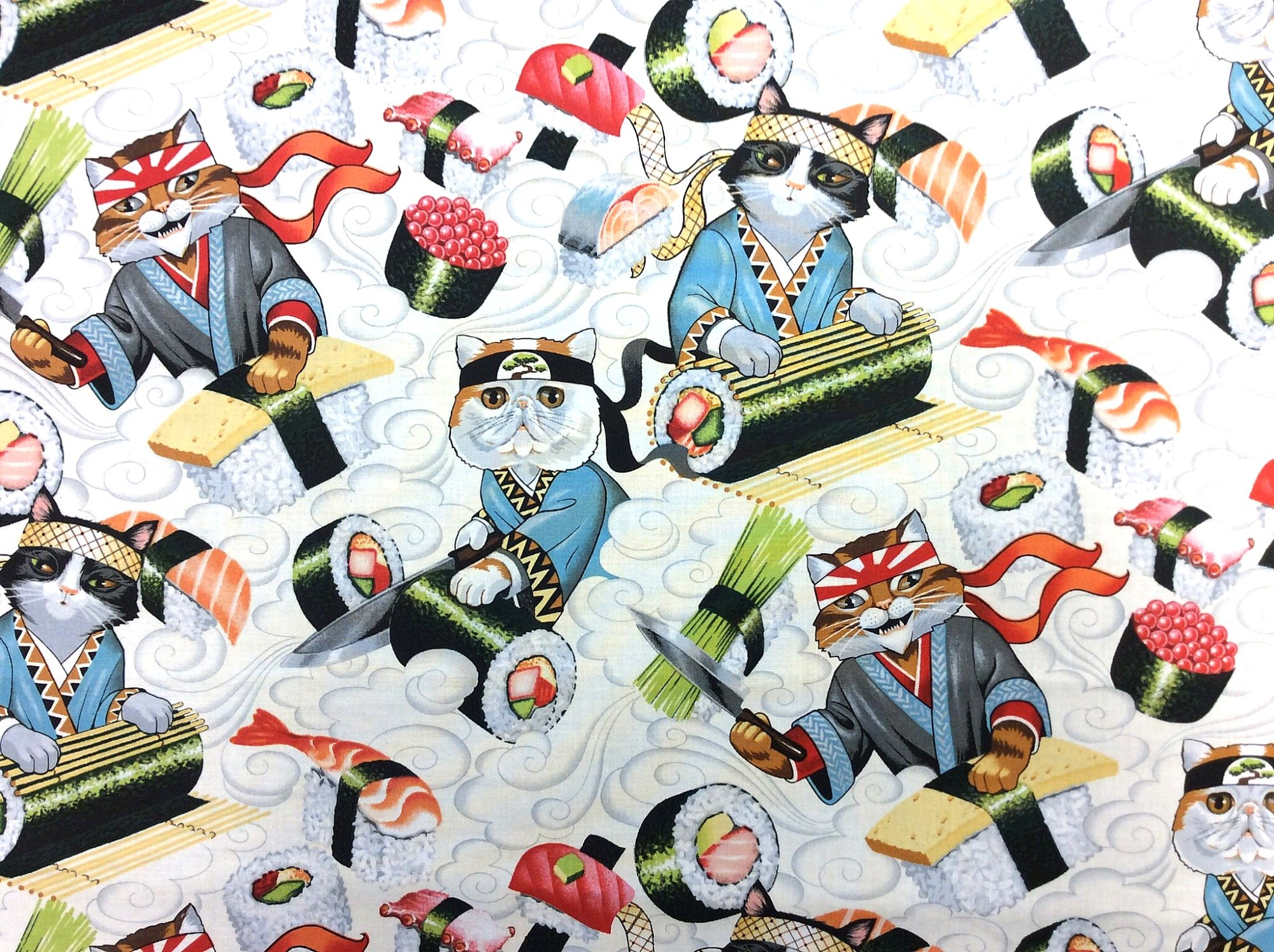Asian Rockin Rolls Japanese Style Kitty Cat Sushi Chef Kittens Cotton
