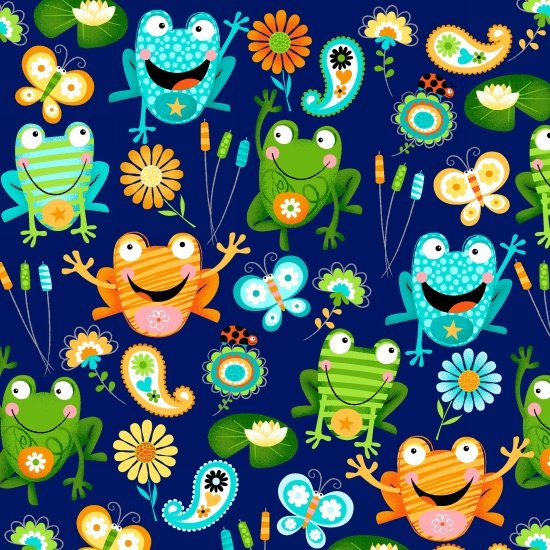 Studio E Toad-ally Terrific Toad Frog Frogs On Blue Cotton Fabric