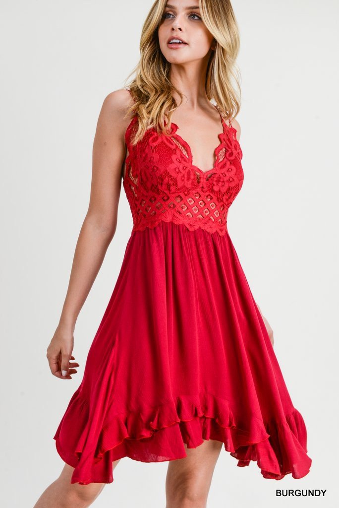 Lace Yoke Ruffle Hem Dress Lace Yoke Ruffle Hem Dress